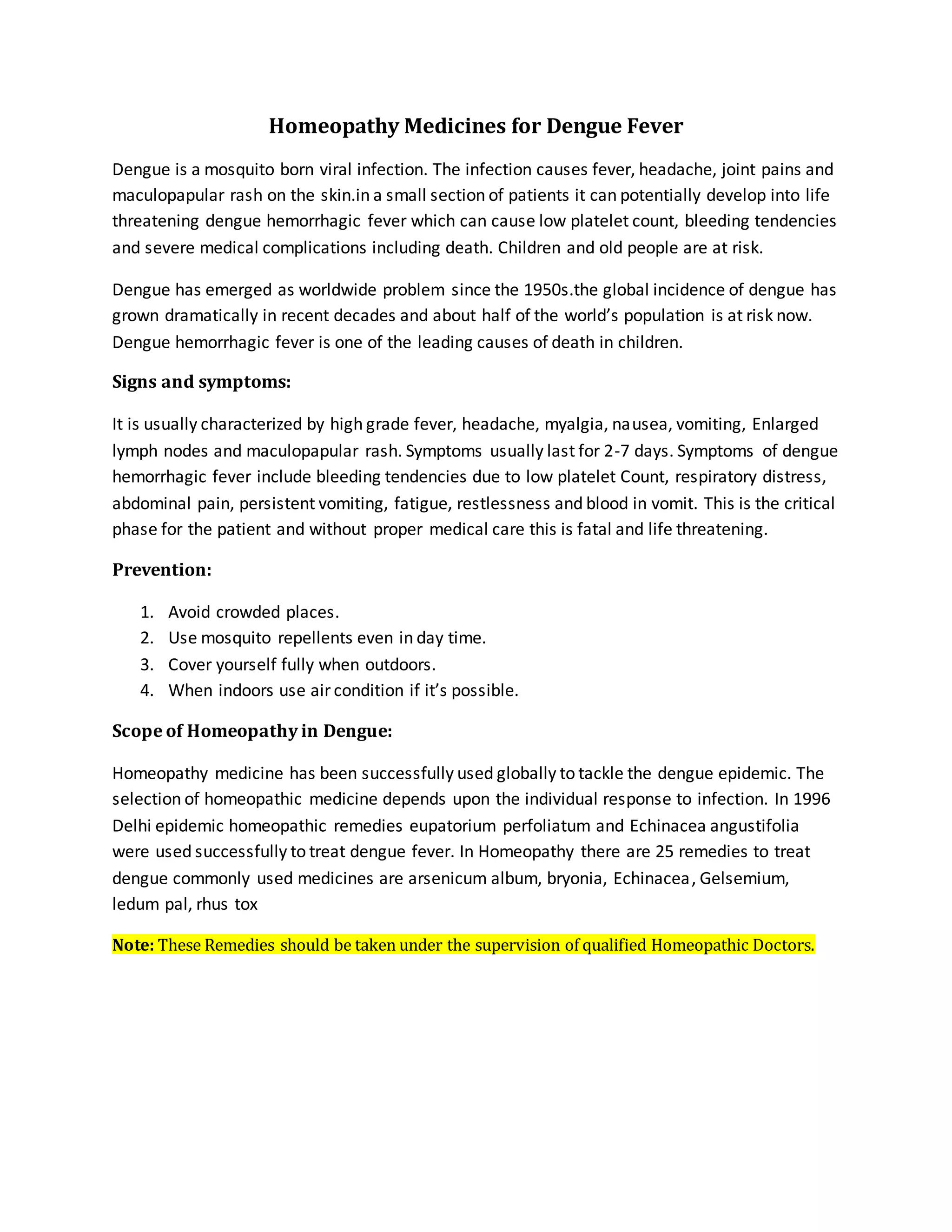 Homeopathy medicines for dengue fever | DOCX
