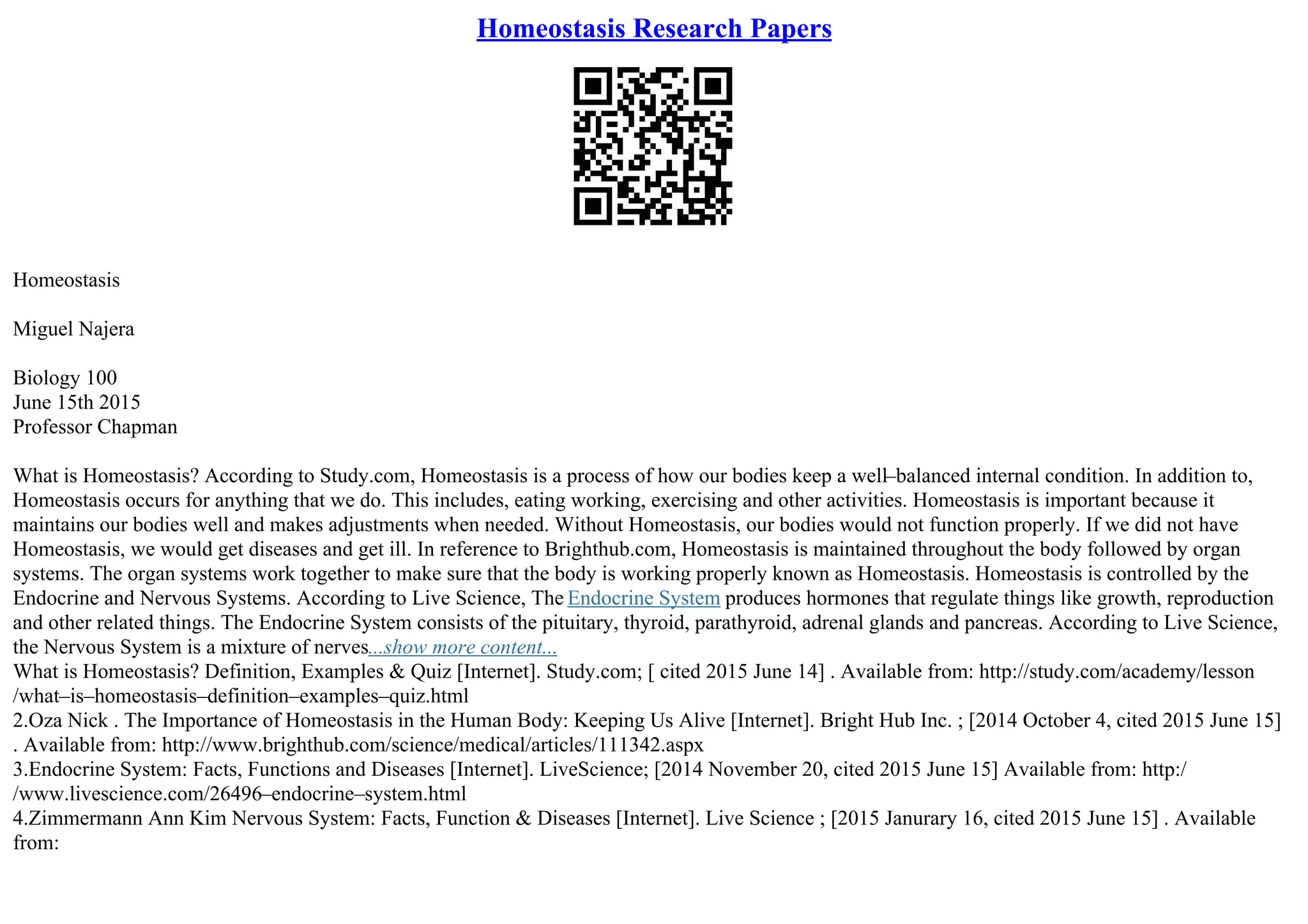 Homeostasis Experiment | PDF