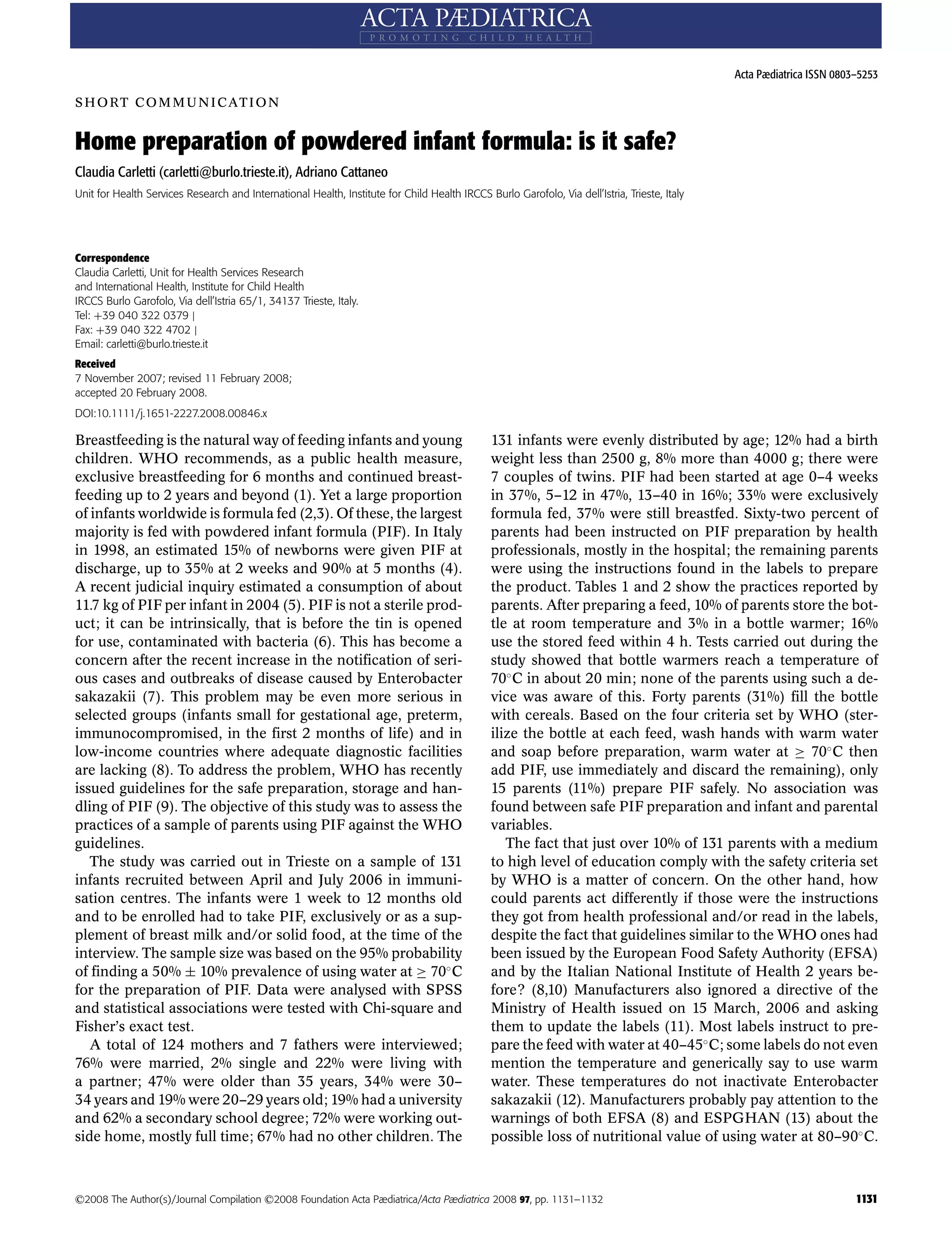 Home Preparation Of Powdered Infant Formula Is It Safe | PDF