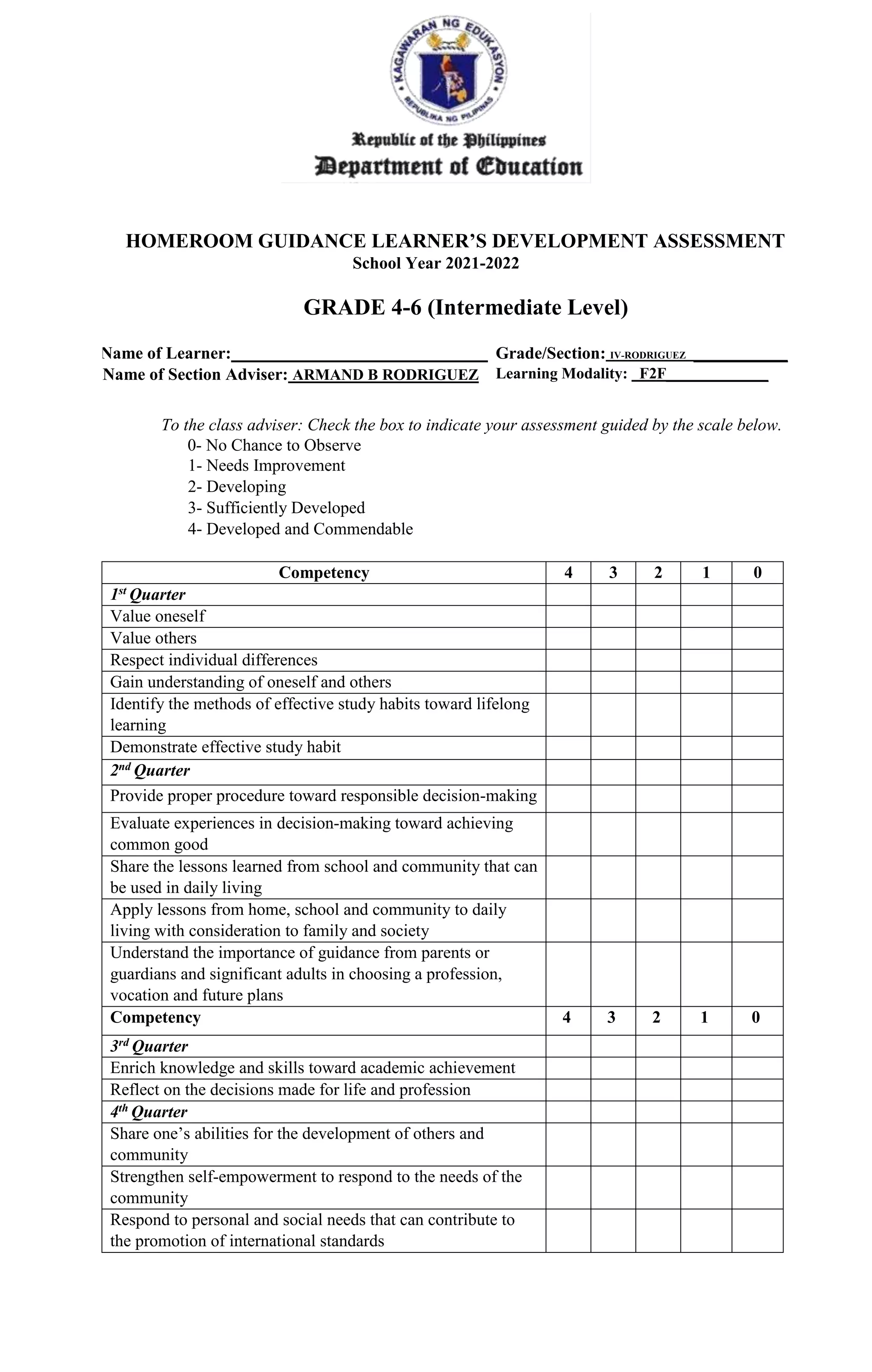 HOMEROOM GUIDANCE LEARNER’S DEVELOPMENT ASSESSMENT (Grade 4-6 ...
