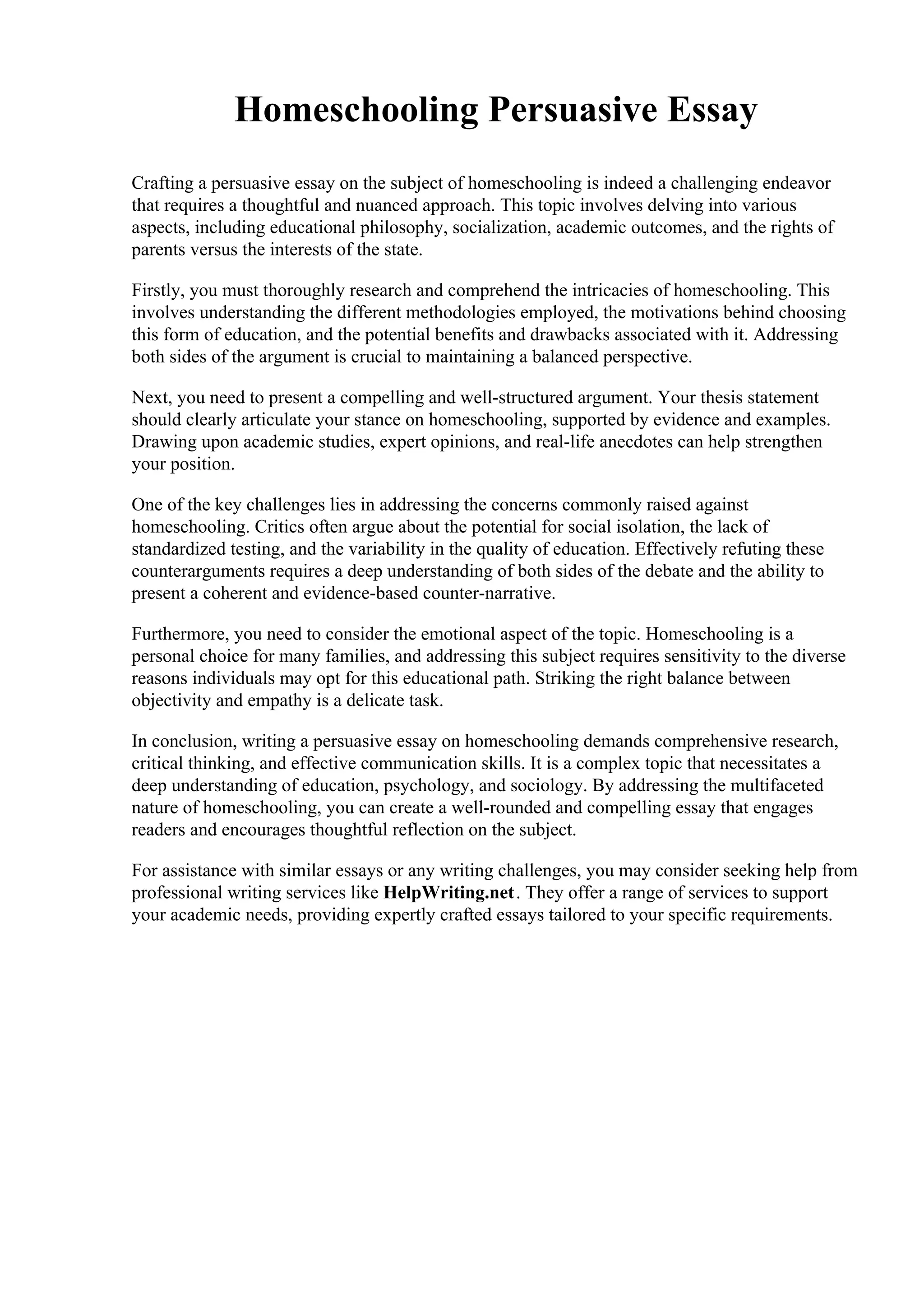 Homeschooling Persuasive Essay. University of Texas at Austin | PDF