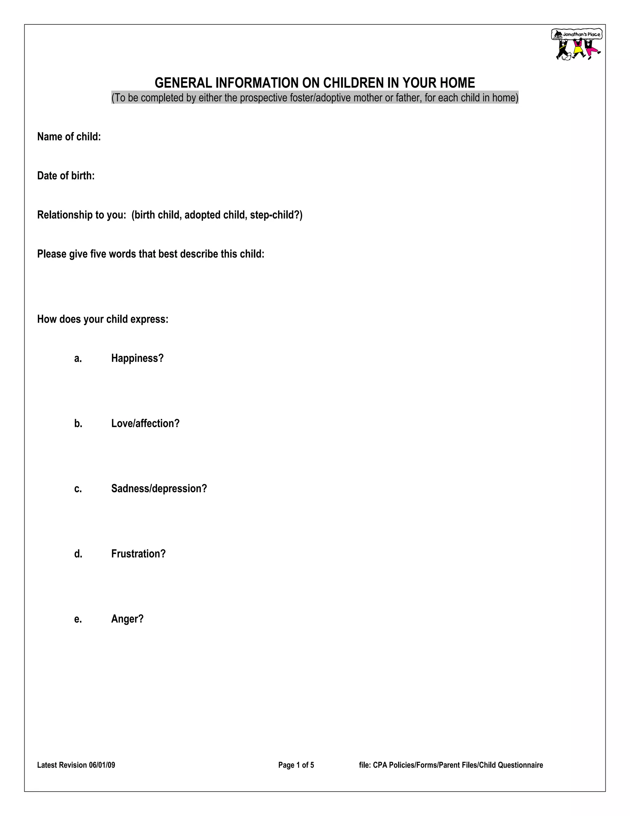 Home Study Questionnaire Child Information | PDF | Free Download