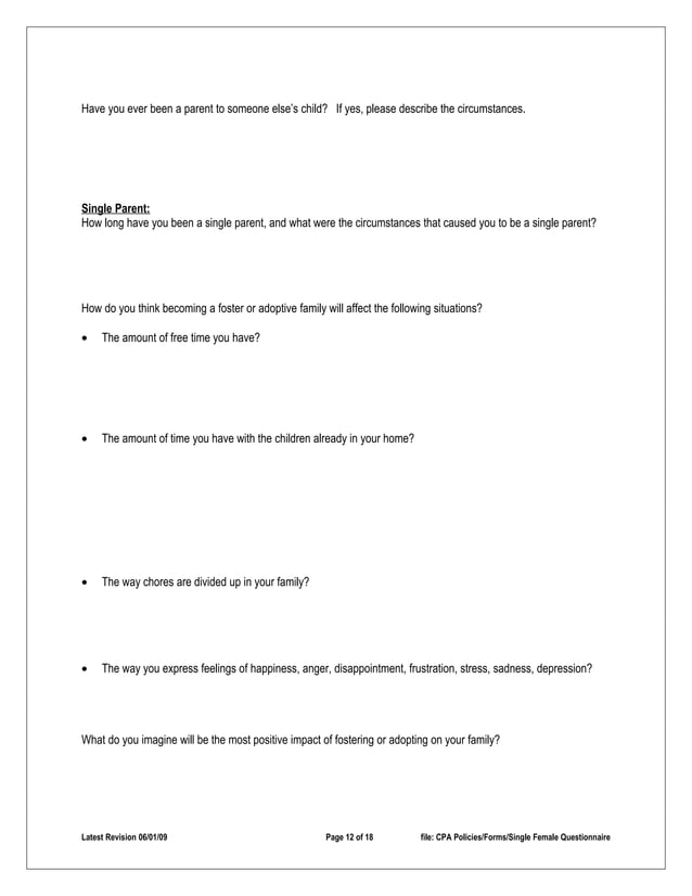 Home Study Questionnaire Single Female | PDF