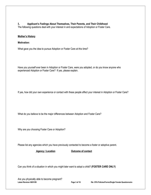 Home Study Questionnaire Single Female | PDF