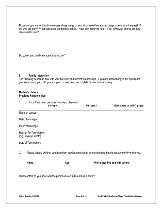 Home Study Questionnaire Single Female | PDF