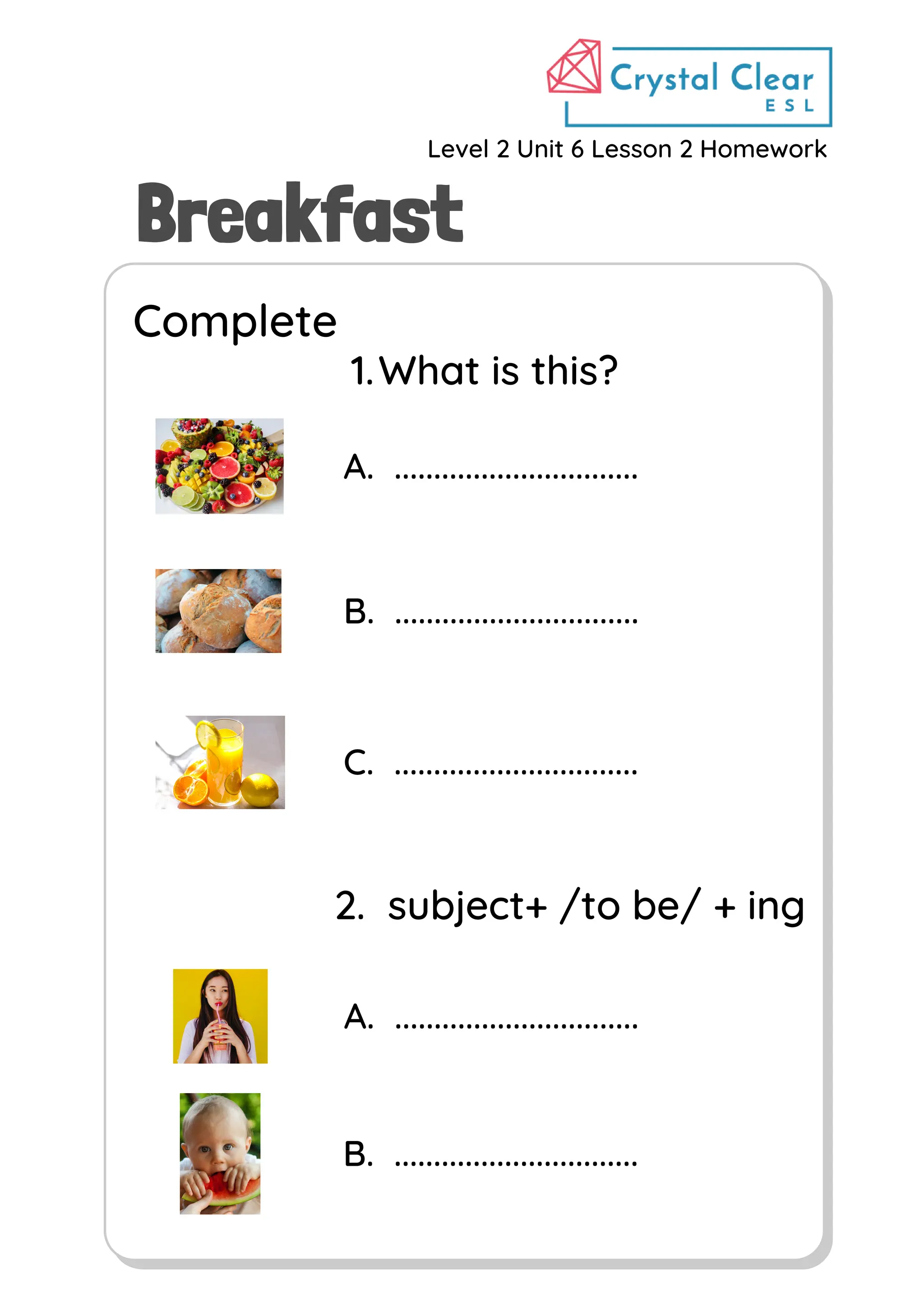 Chrystal Clear ESL learning homework L2 U6 | PDF