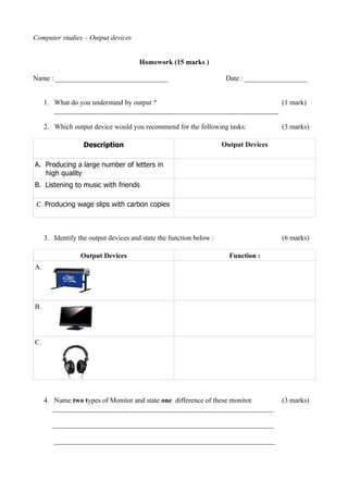 Output Devices Homework Worksheet | DOC