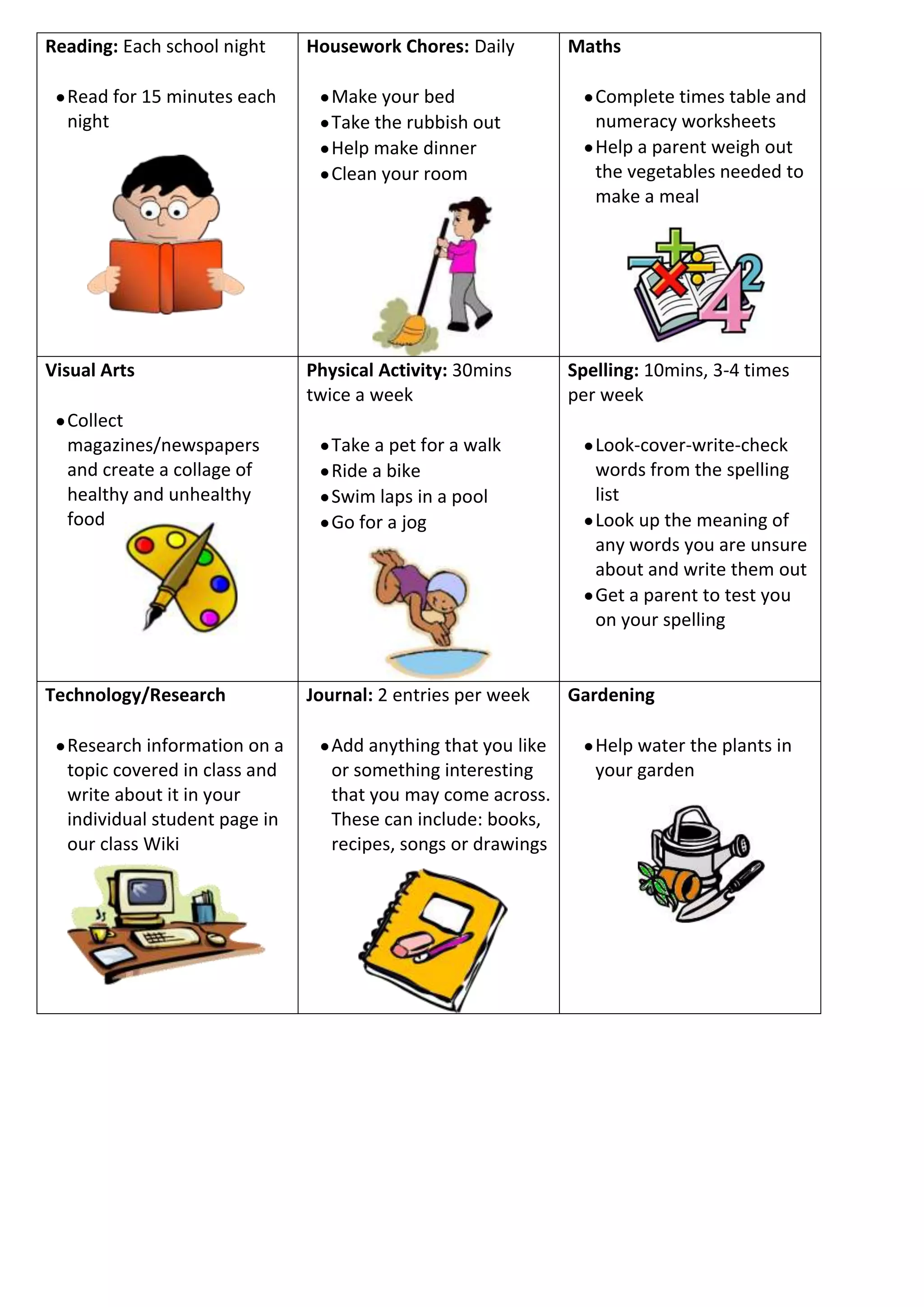 Homework grid | DOCX