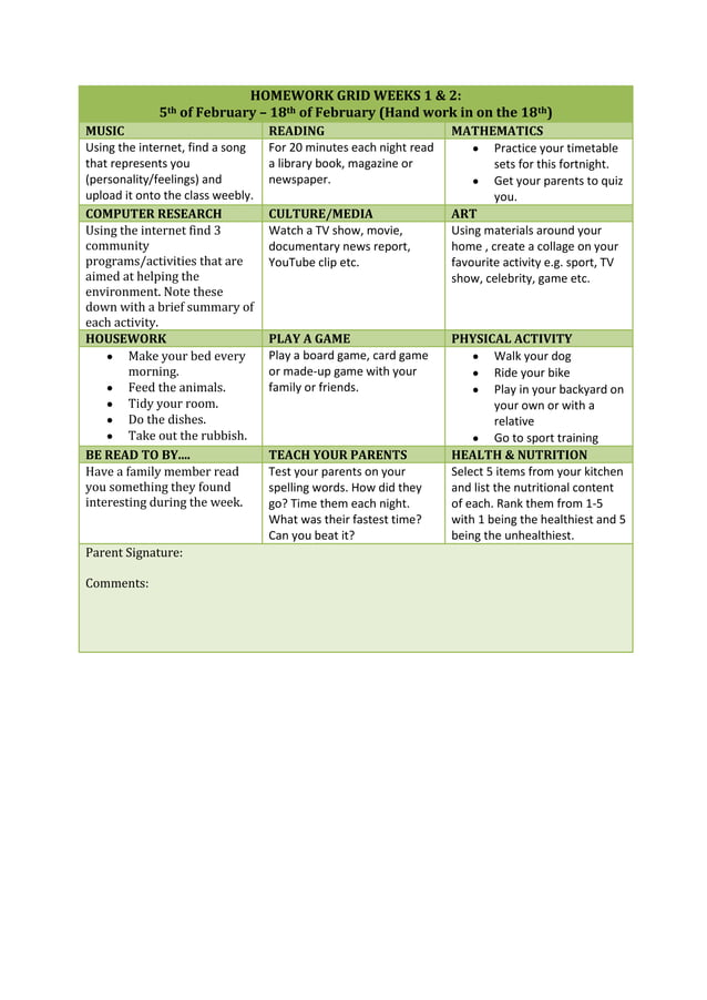 Homework grid | PDF