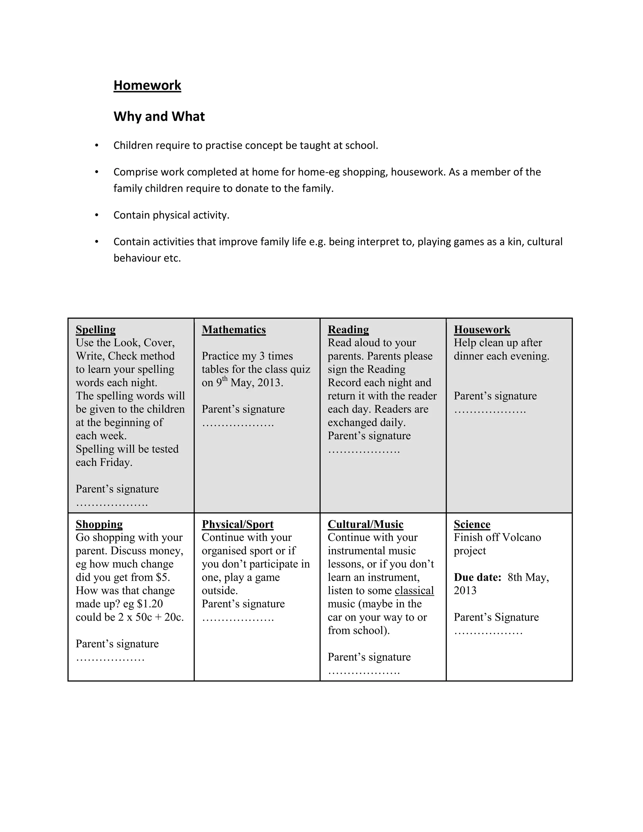 Homework grid | DOCX