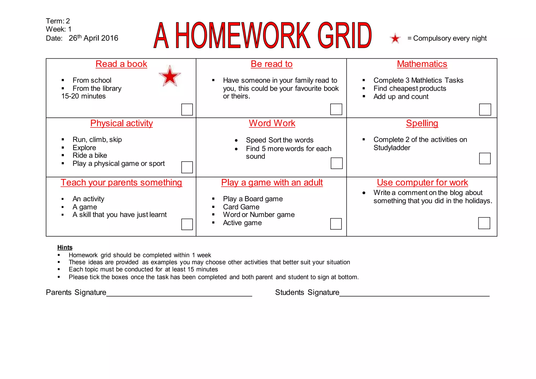 Homework grid Week 1 | DOCX