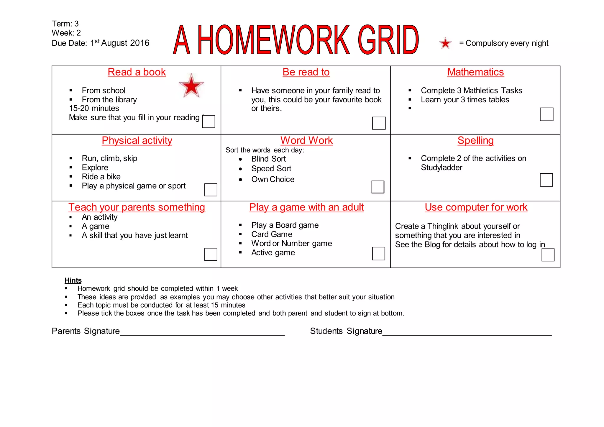 Homework grid week 2 Term 3 | PPT