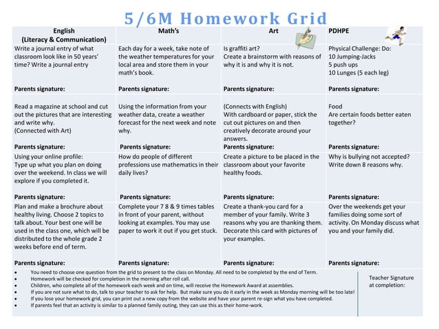 Homework grid completed | PPTX