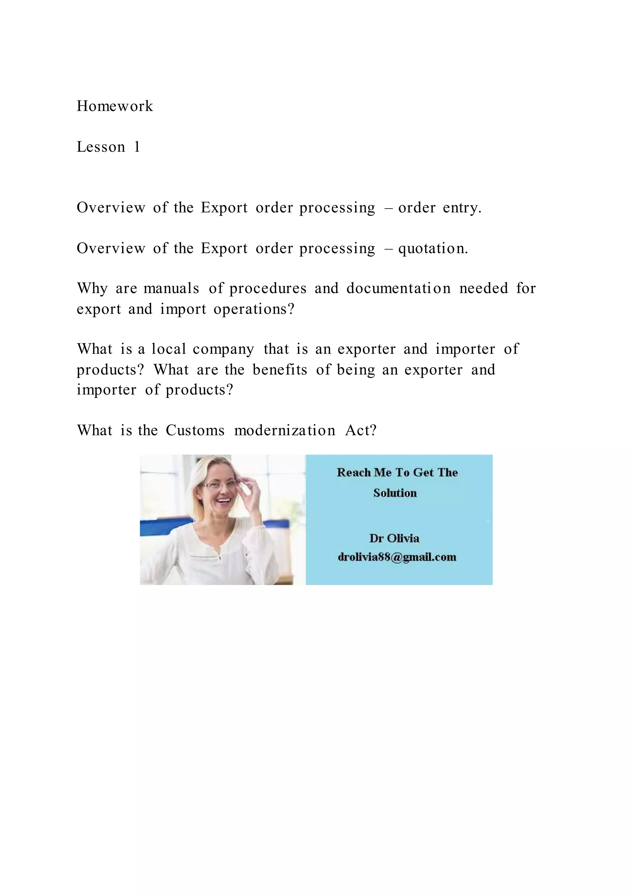 Homework Lesson 1Overview of the Export order processing – | DOCX