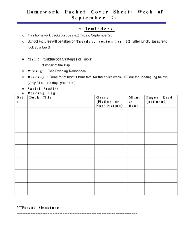 Homework Packet Cover Sheet | DOC