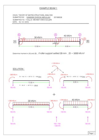 Stiffness matrix method for beam , examples ce525 | PDF