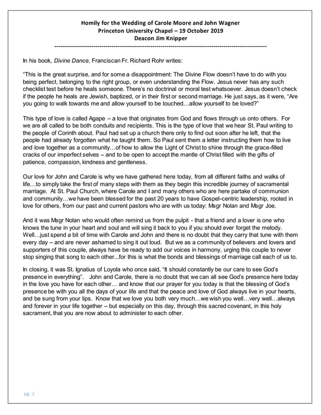 Homily: The wedding of Carole Moore and John Wagner | PDF