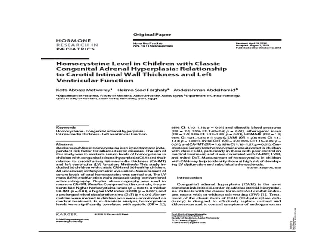 Homocysteine Level in Children with Classic Congenital Adrenal ...