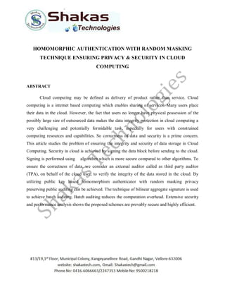 Homomorphic authentication with random masking technique ensuring privacy | PDF | Cloud ...
