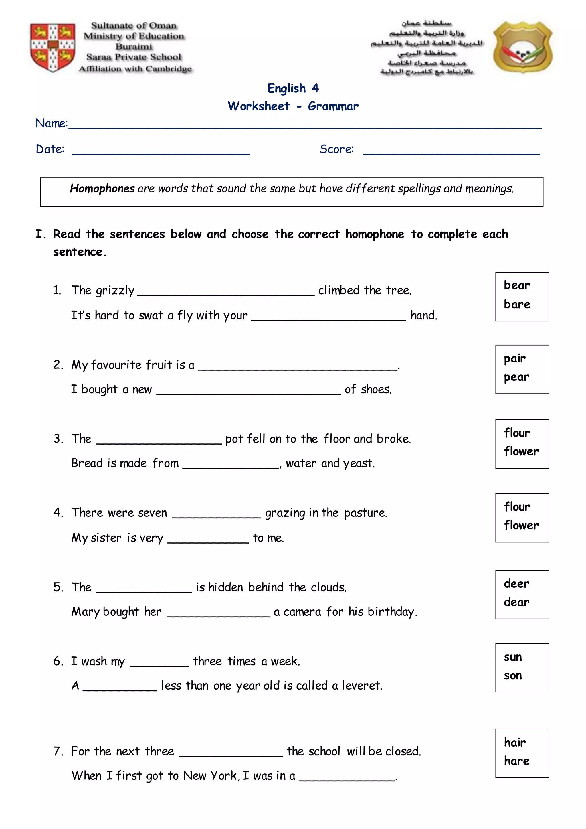 Homophones worksheet | PDF
