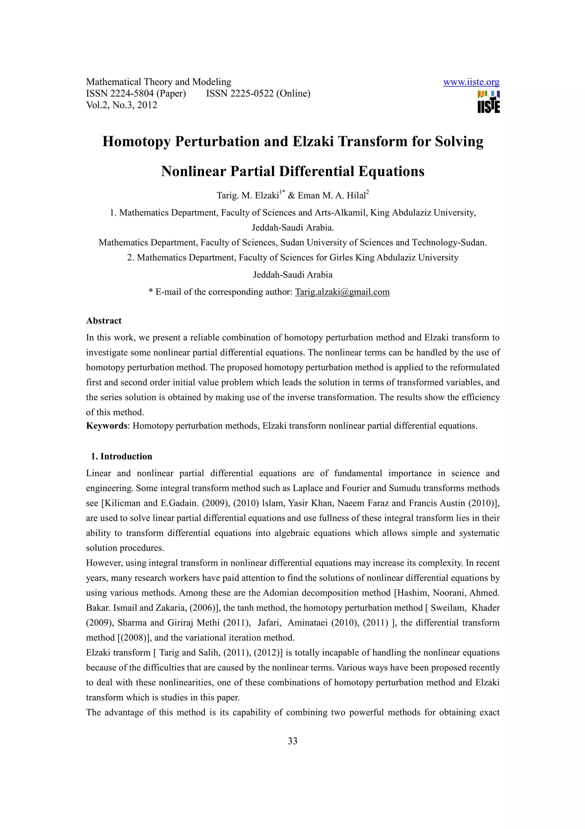 Homotopy Perturbation And Elzaki Transform For Solving Nonlinear Partial Differential Equations