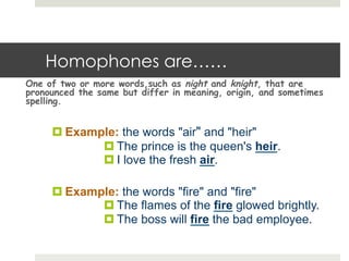 Homophones homographs & homonyms list with examples PDF | PDF