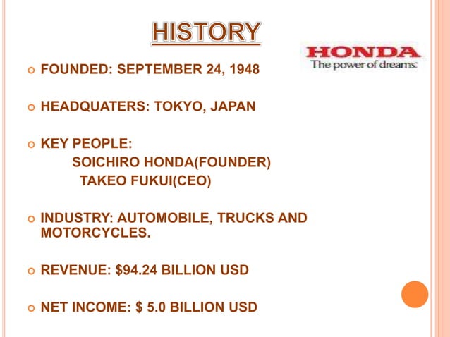Honda company overview and history | PPTX | Automotive Industry ...