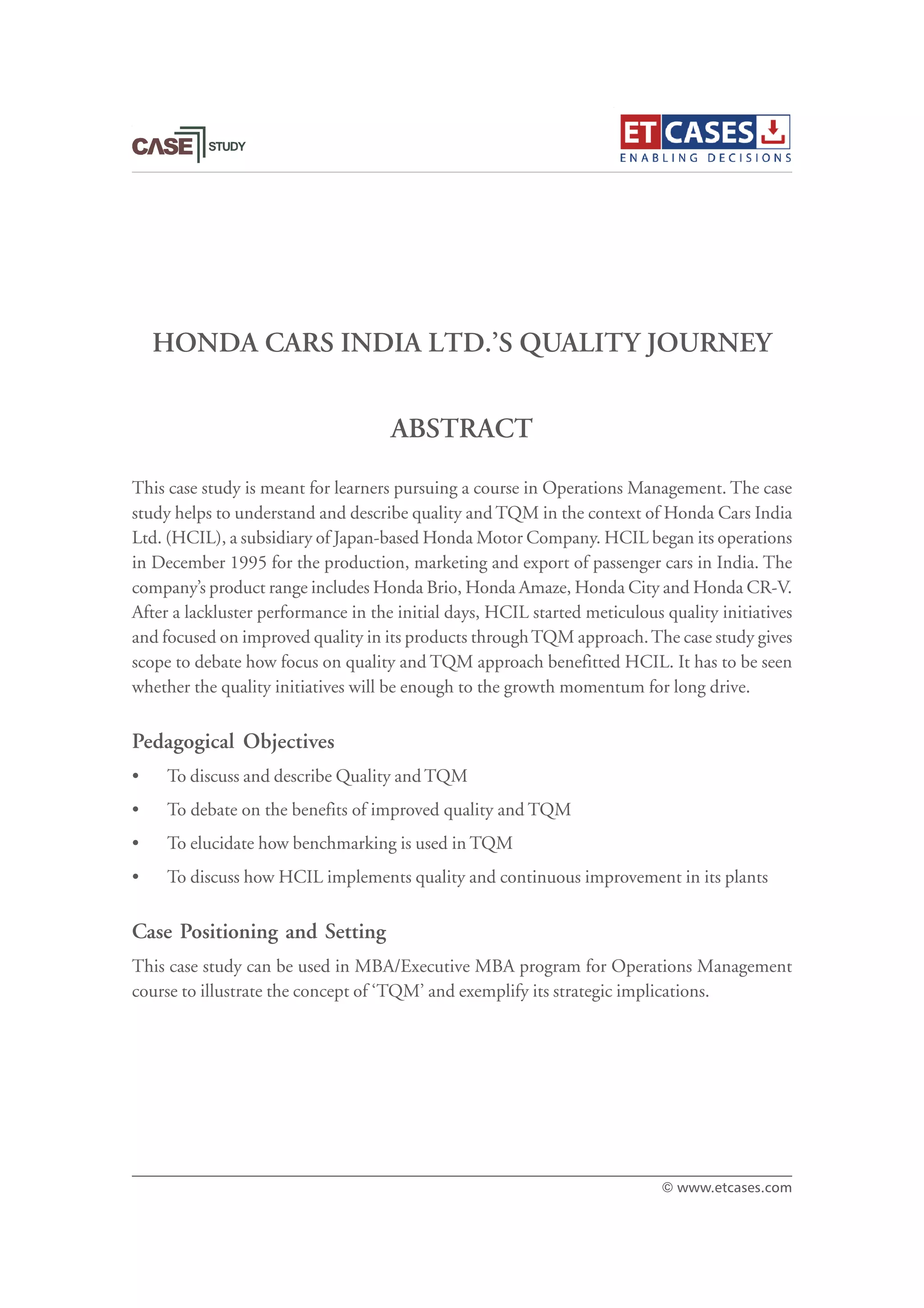 Honda Cars India Ltd.’s Quality Journey | PDF