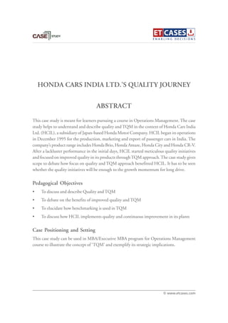 Honda Cars India Ltd.’s Quality Journey | PDF