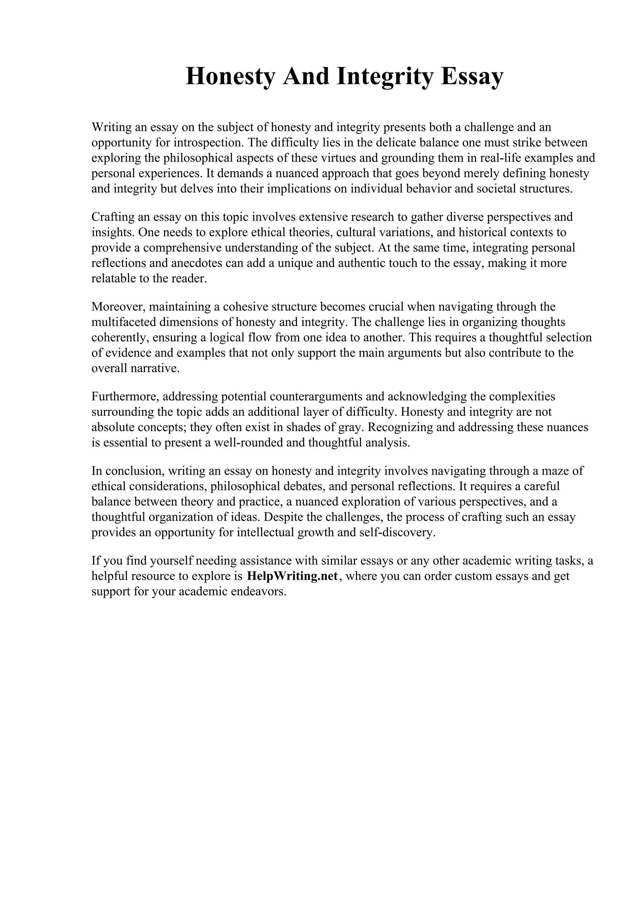 Honesty And Integrity Essay. South Mountain Community College | PDF ...