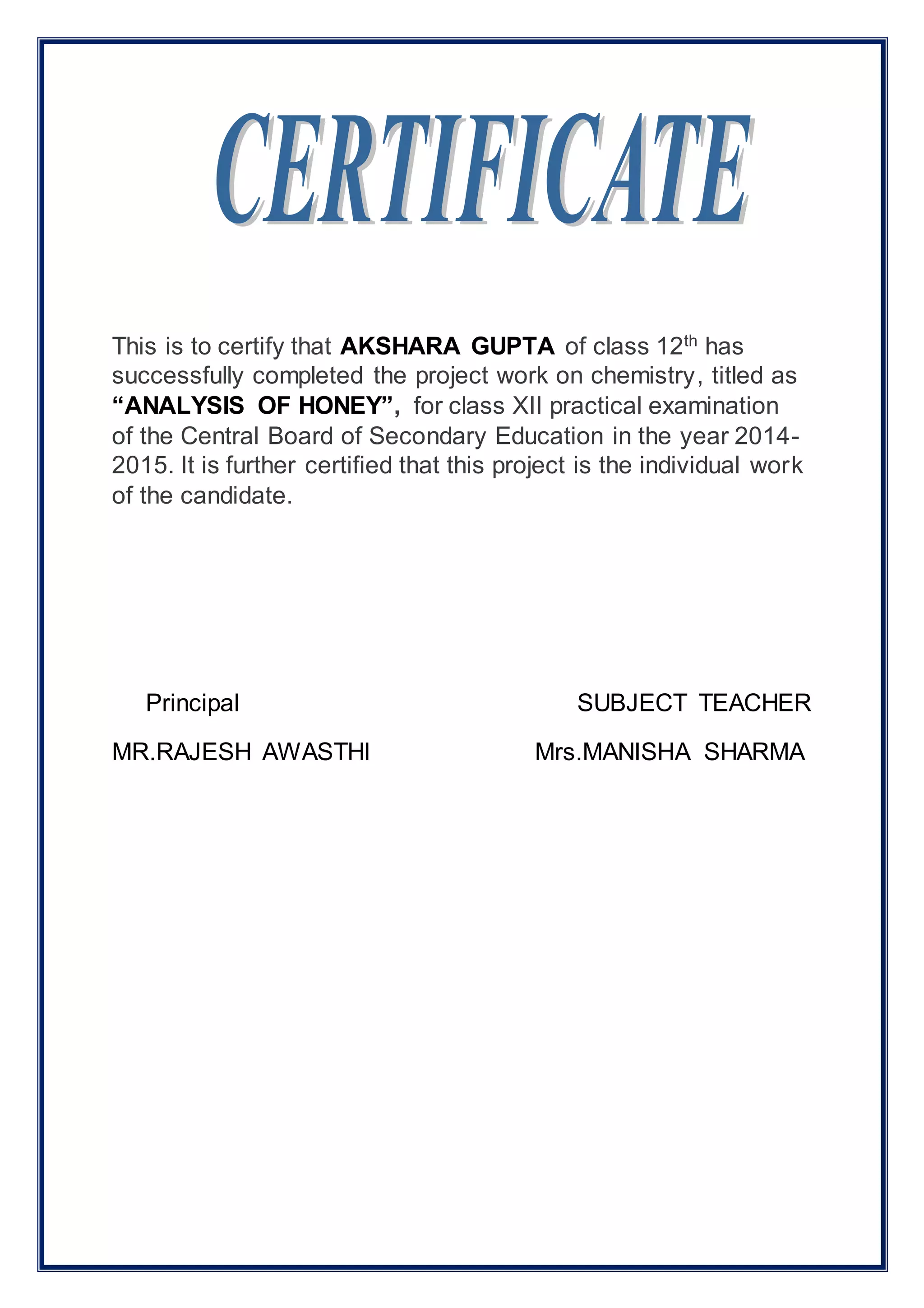 chemistry project for class 12 on analysis of honey | DOCX