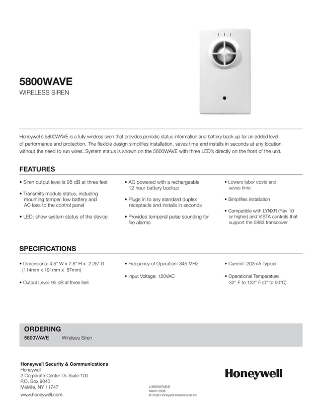 Honeywell 5800wave-data-sheet | PDF