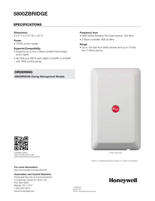 Honeywell 5800zbridge-data-sheet | PDF