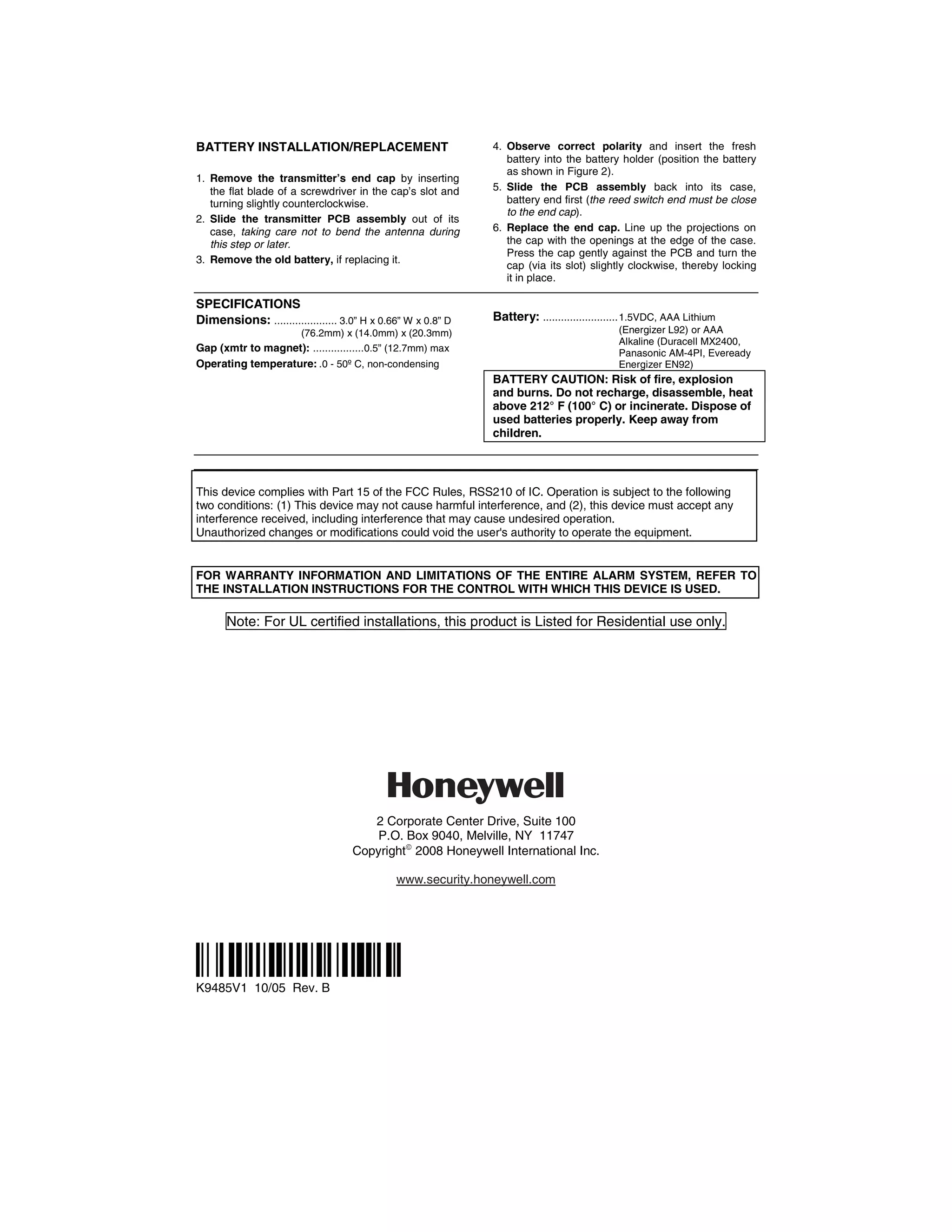 Honeywell 5818mnl-install-guide | PDF