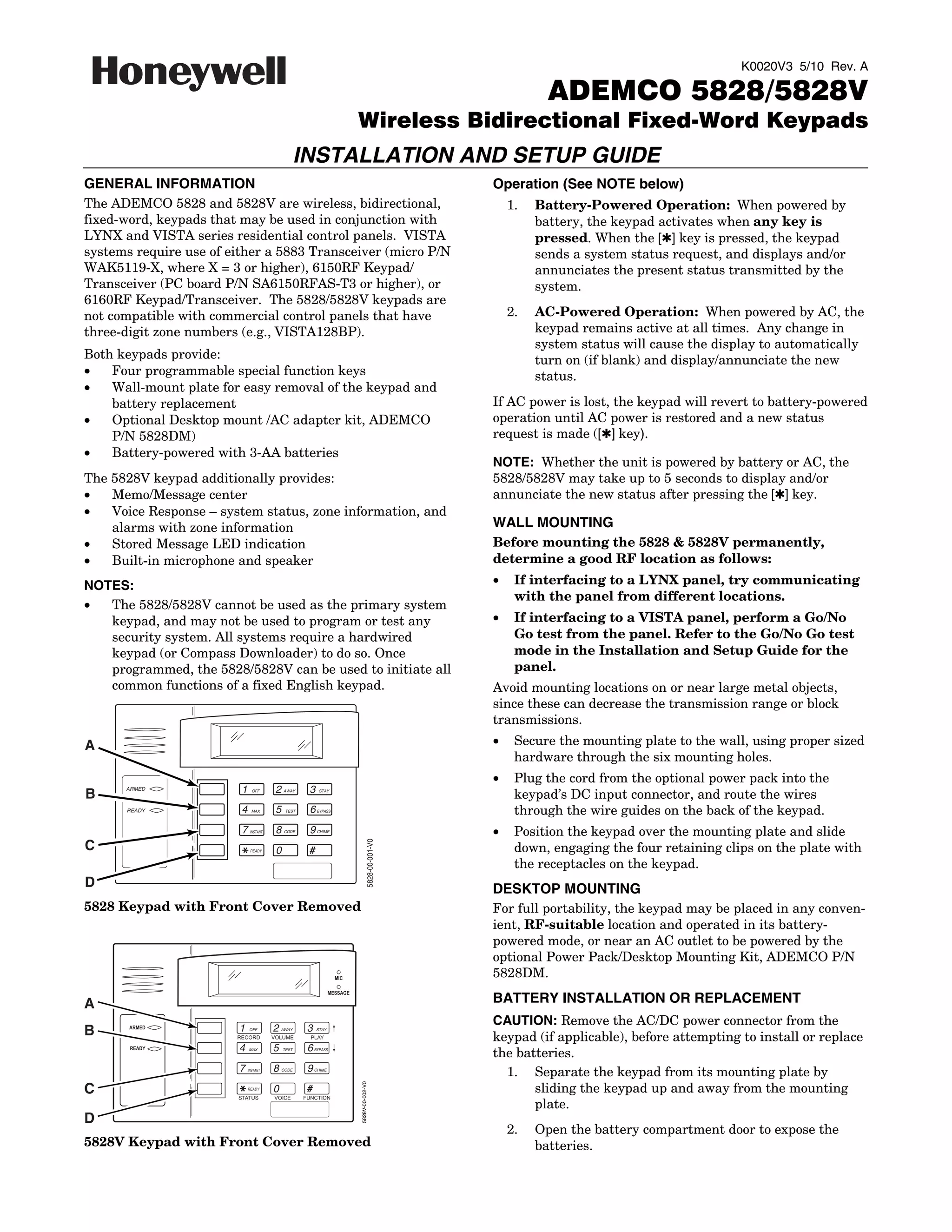 Honeywell 5828-and-honeywell-5828v-install-guide | PDF