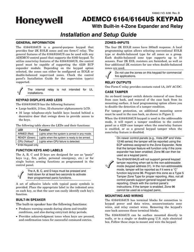 Honeywell 6164 us-install-guide | PDF
