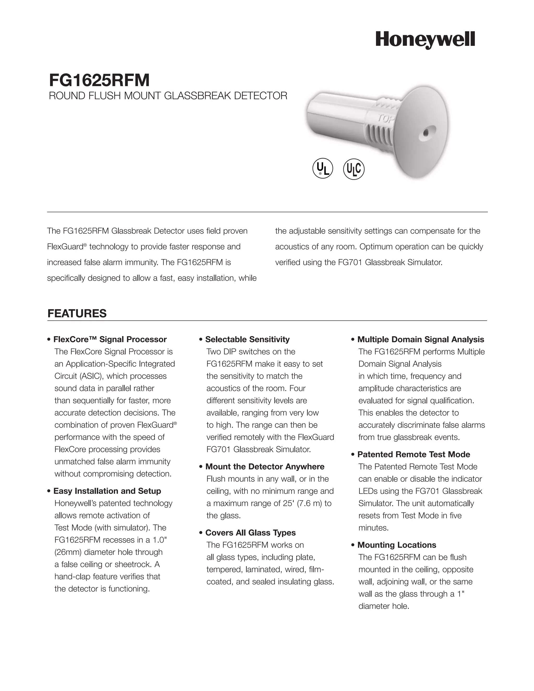 Honeywell fg1625rfm-data-sheet | PDF | Home Security | Home & Garden