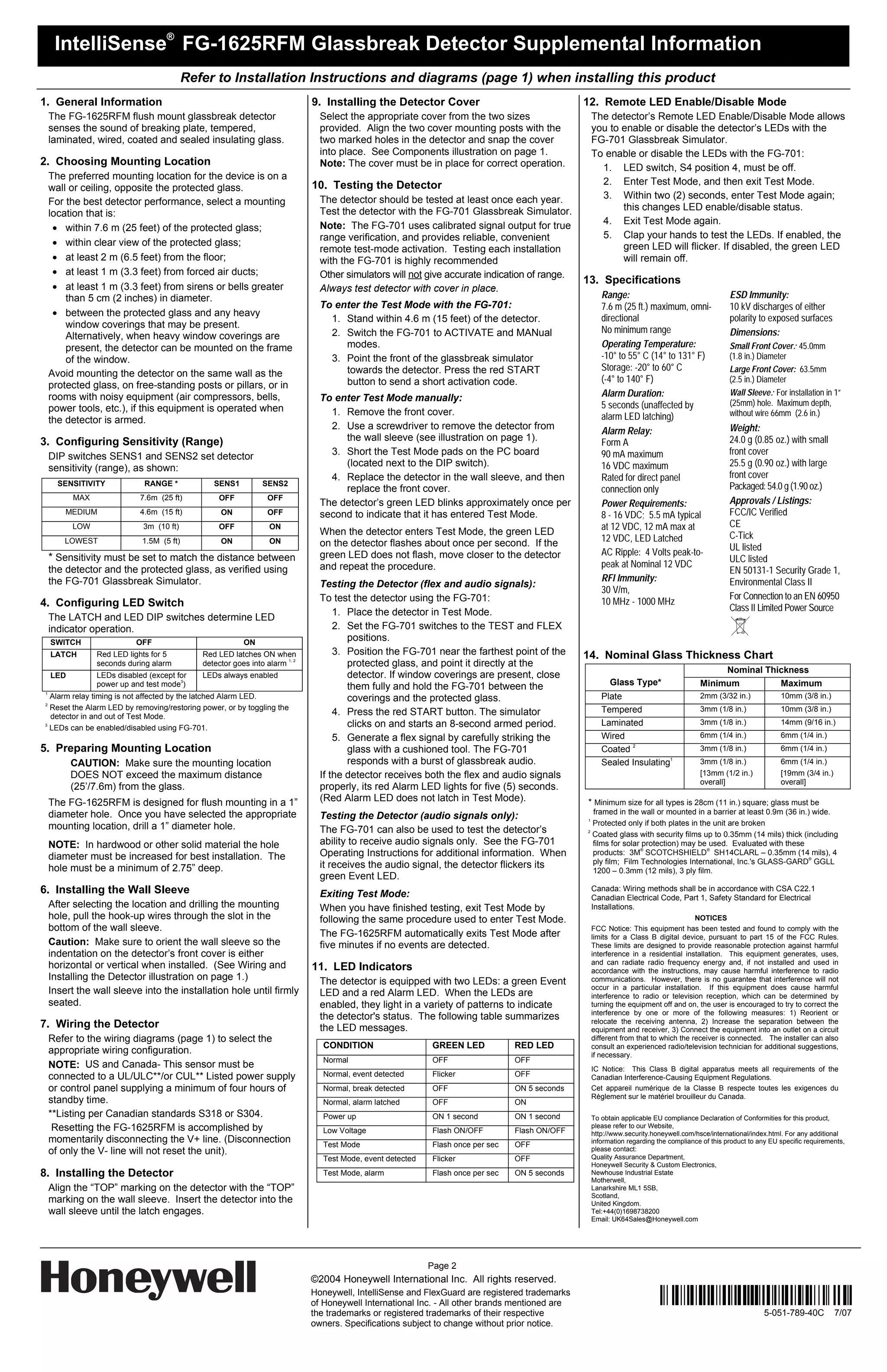 Honeywell fg1625rfm-install-guide | PDF