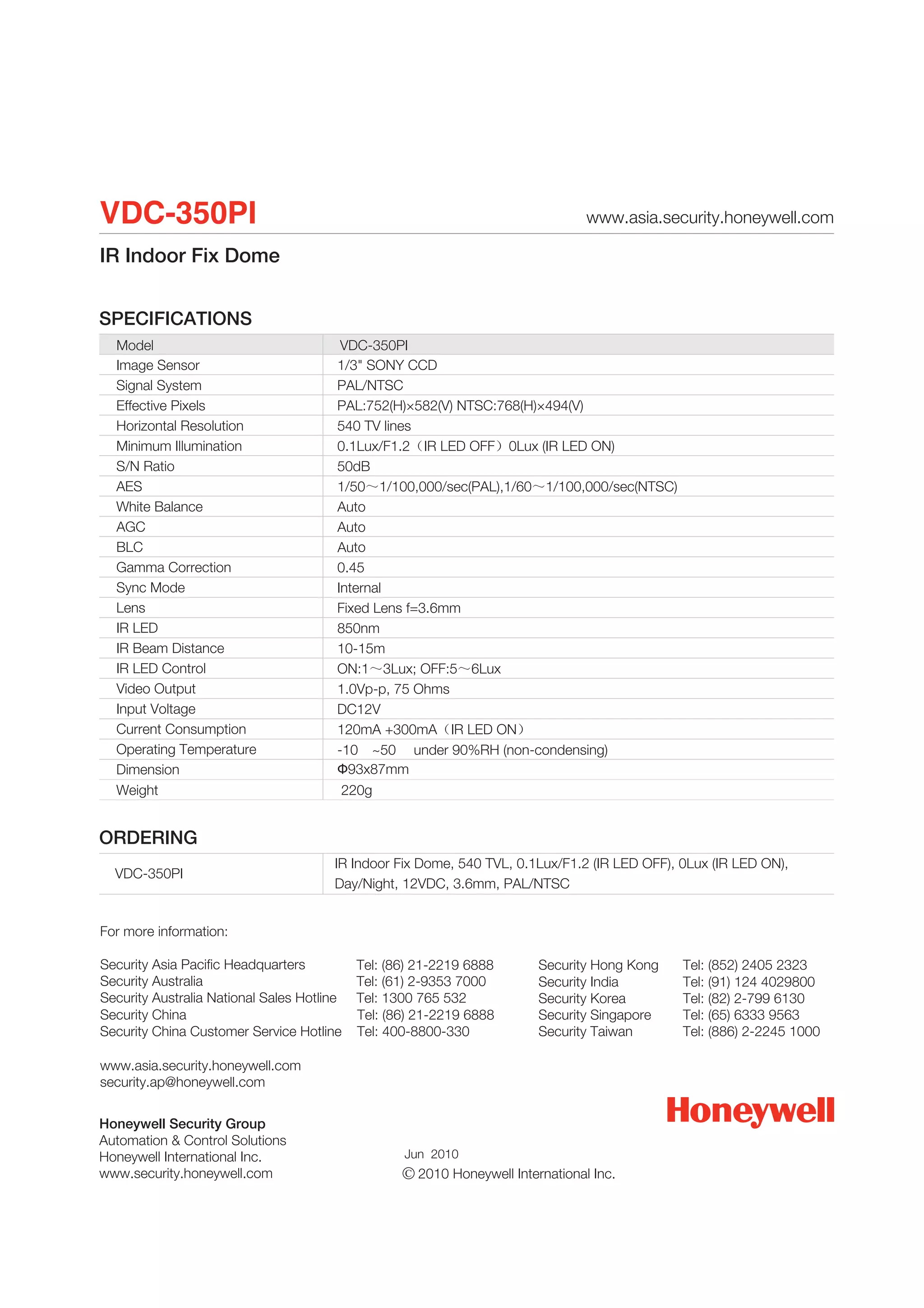 Honeywell ir dome vdc350pi | PDF