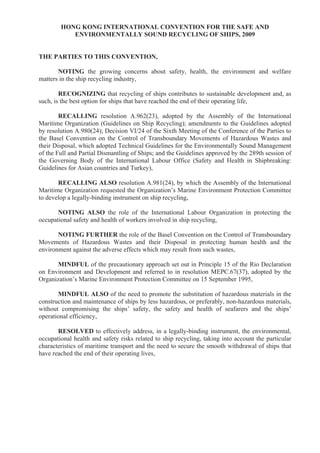 HONG KONG INTERNATIONAL CONVENTION FOR THE SAFE AND ENVIRONMENTALLY SOUND RECYCLING OF SHIPS ...