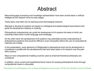 Timo Honkela: From early to later Wittgenstein and Artificial Intelligence | PPT