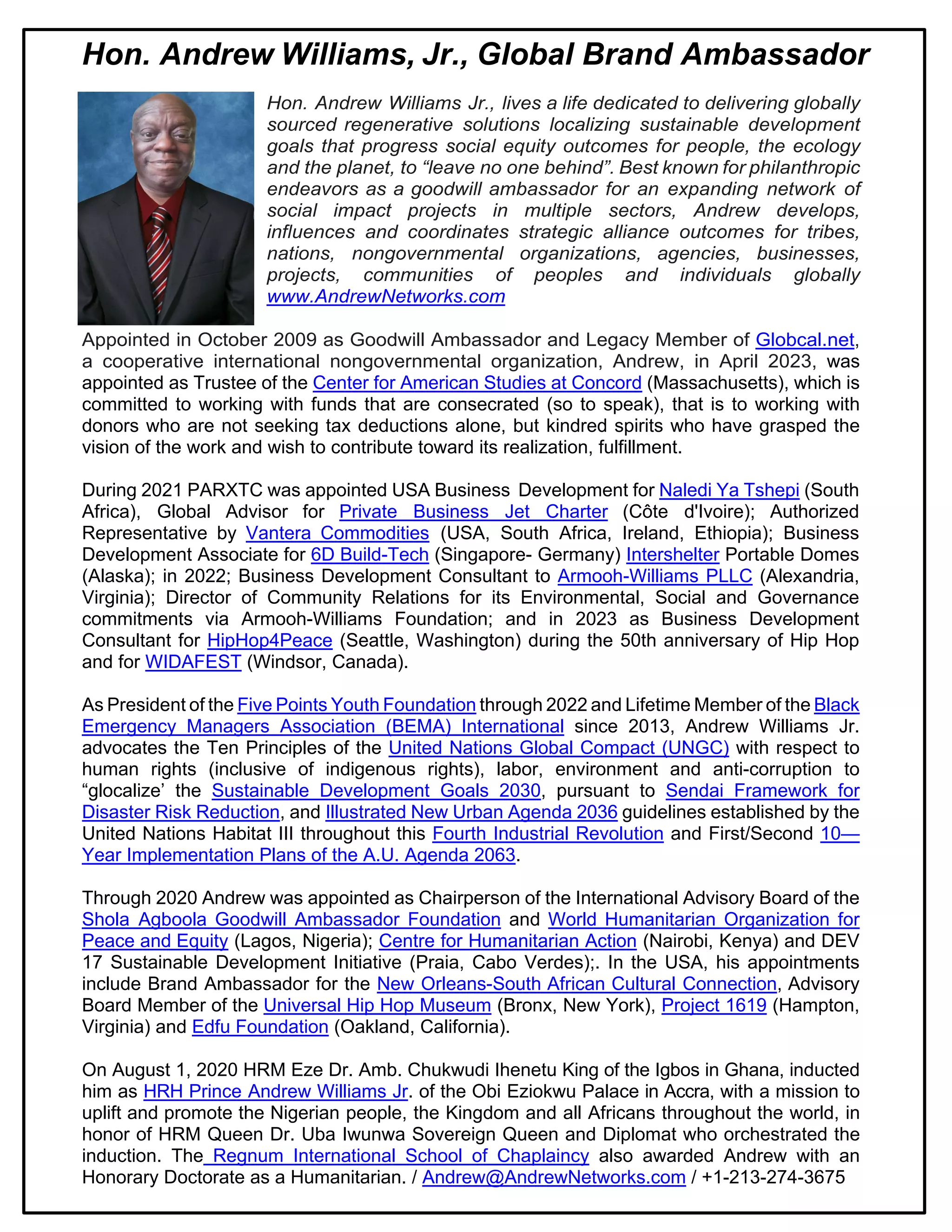 Honorable Andrew Williams Jr Global Brand Ambassador v20230619 | PDF