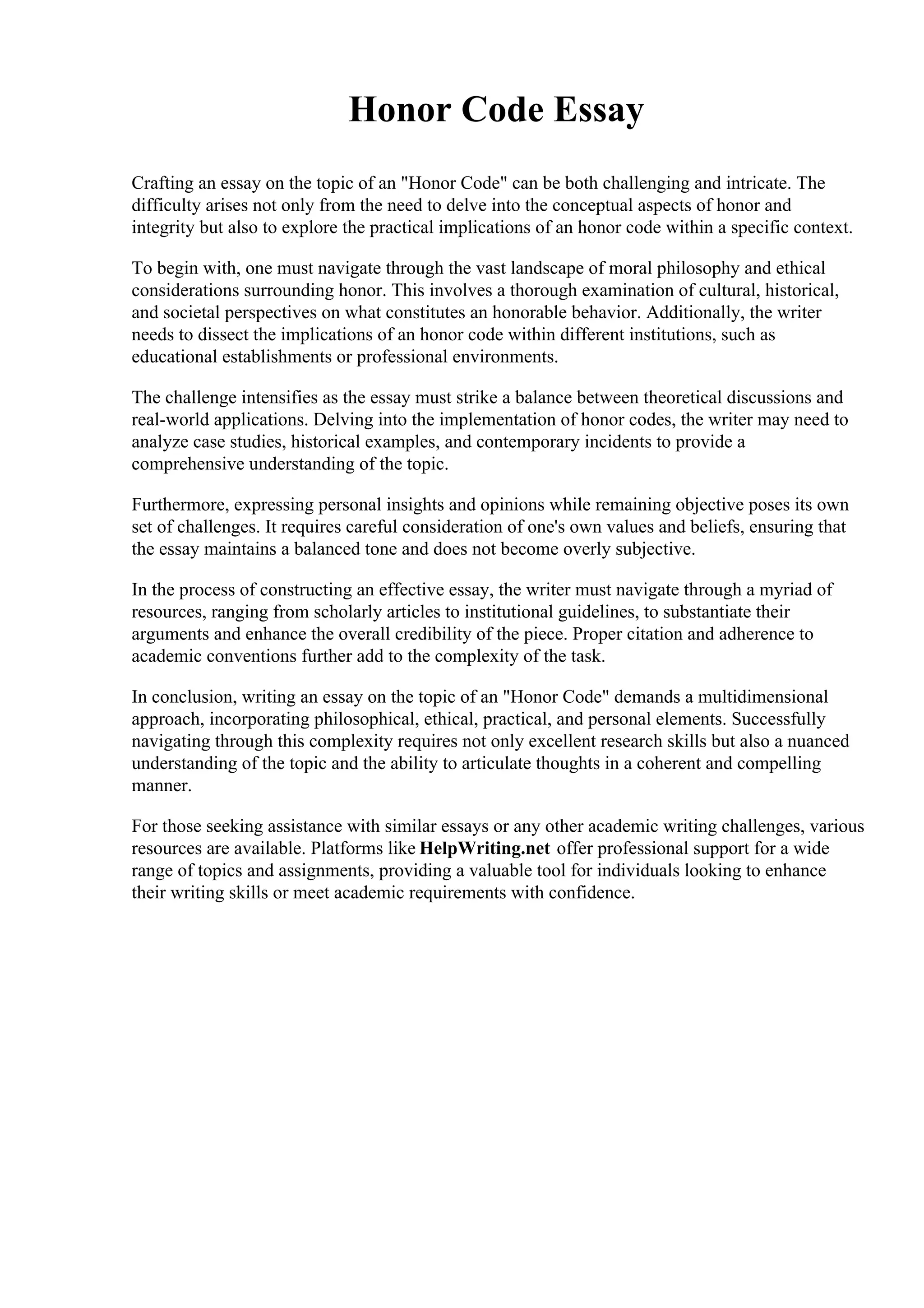 Honor Code Essay. Calumet College of St. Joseph | PDF