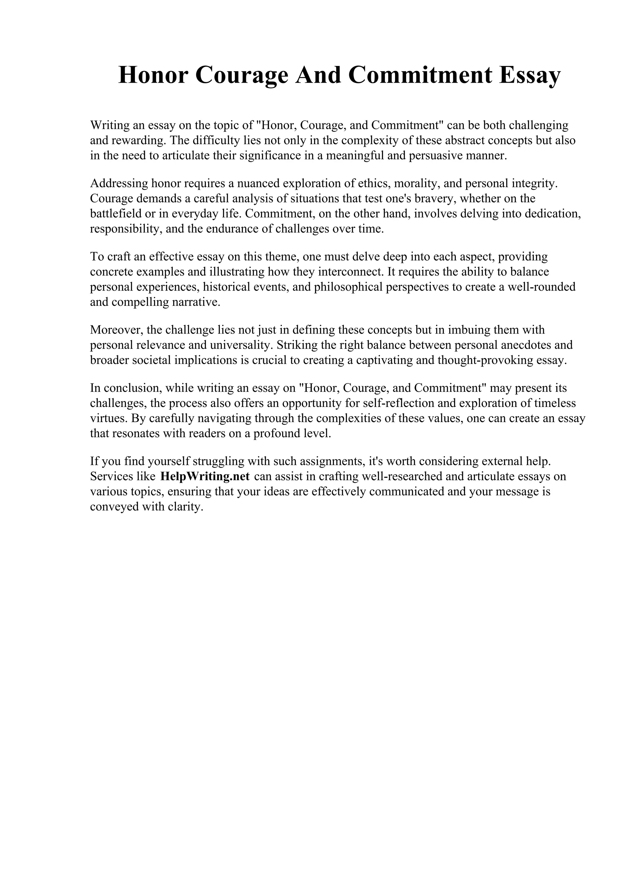 Honor Courage And Commitment Essay. Kingston University USA | PDF