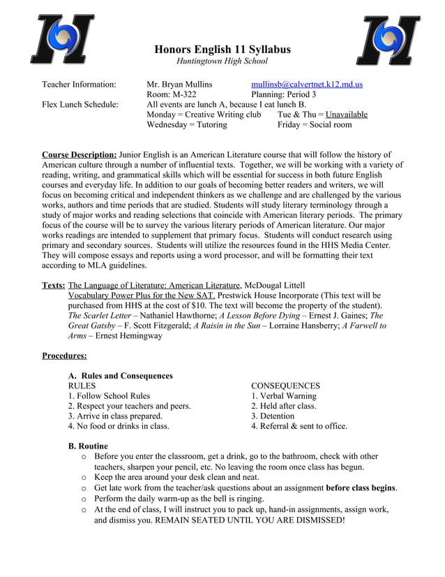 Honors American Literature Syllabus | DOC