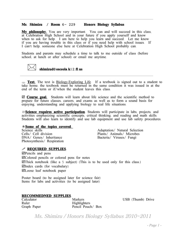 Honors bio syllabus 2010-11 | PDF