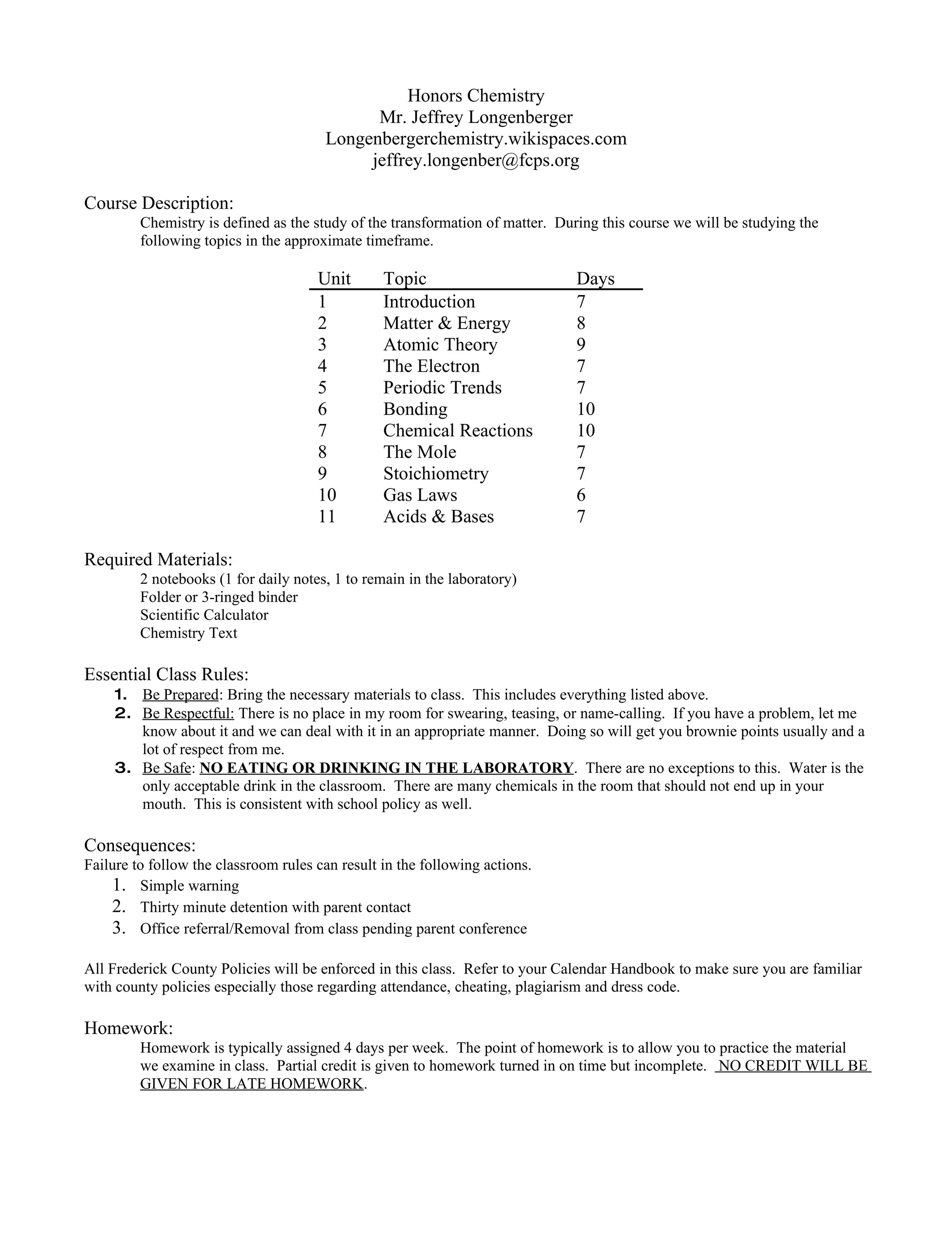 Honors chemistry syllabus | DOC