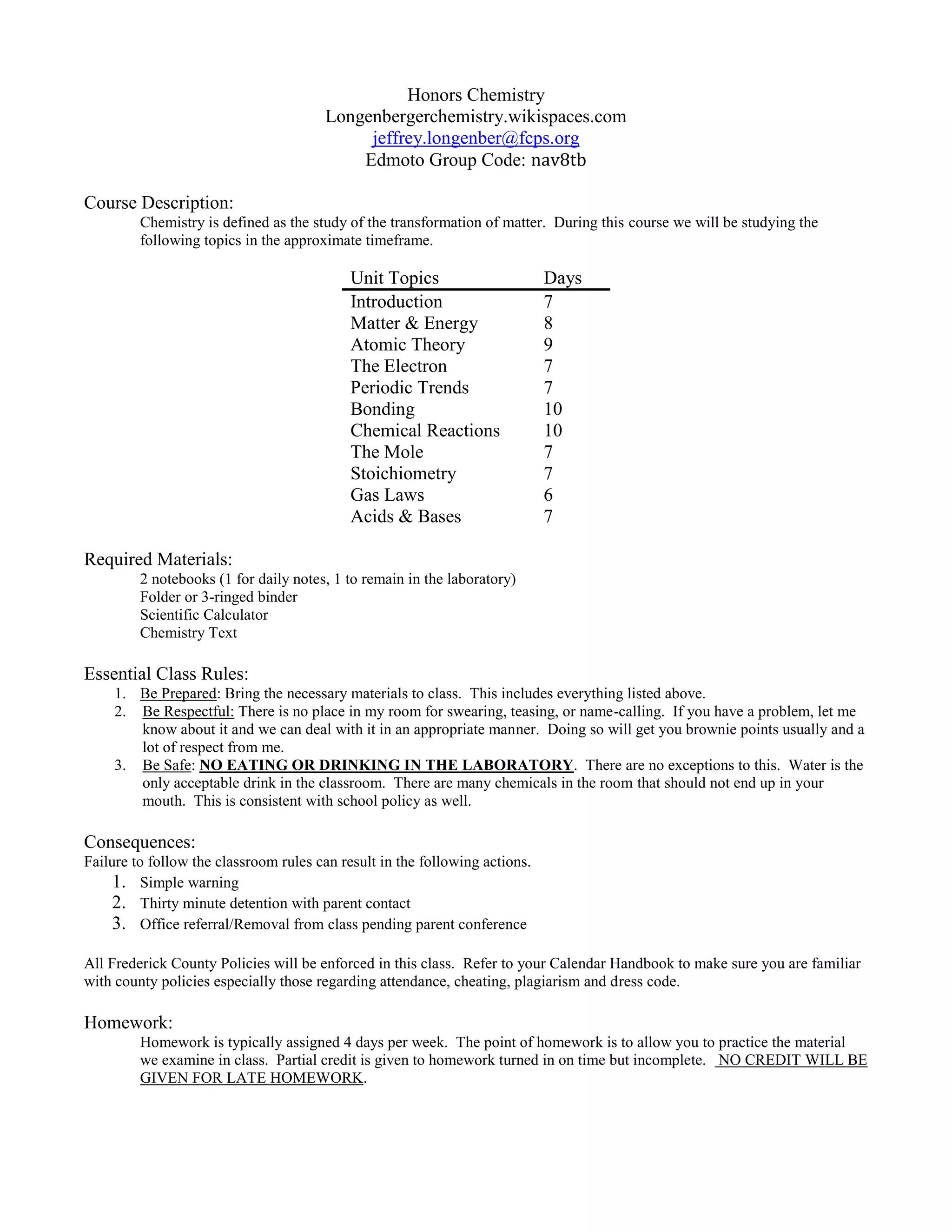 Honors chemistry syllabus | DOCX