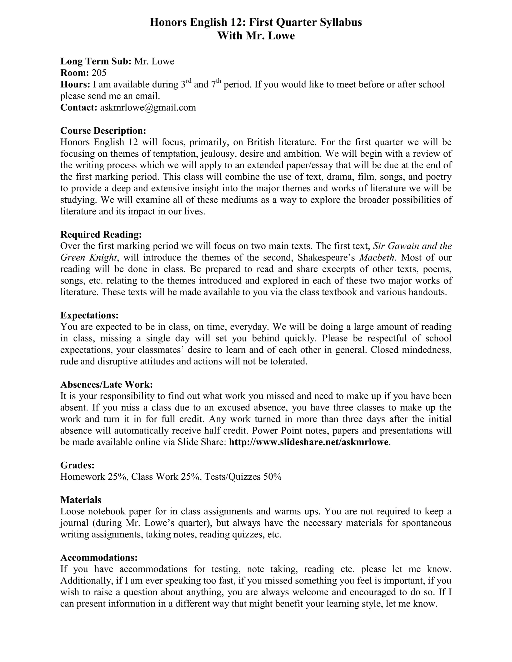 Honors english 12 syllabus | DOCX