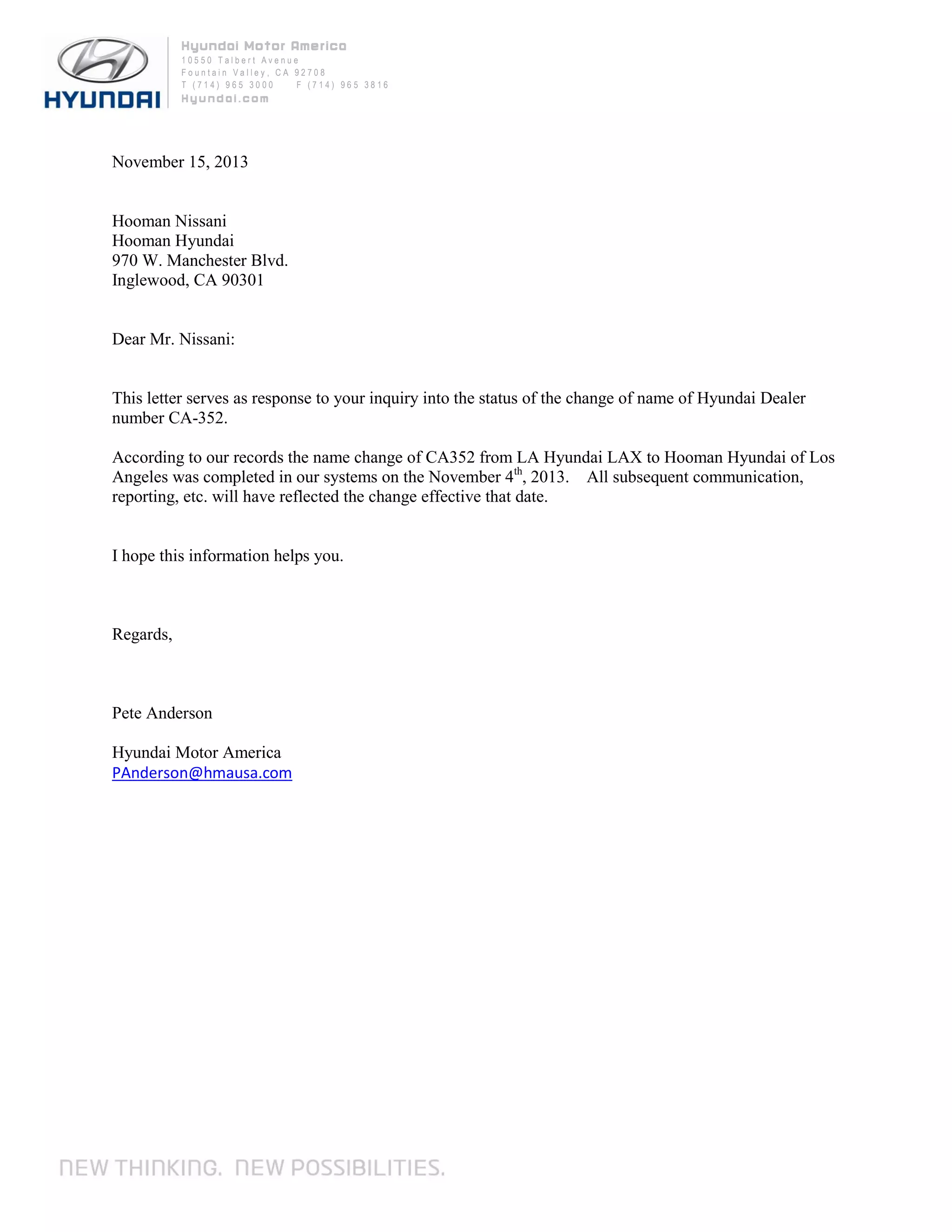 Hooman Hyundai name changed from L.A. Auto Center At LAX - letter from ...